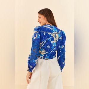 FARM Rio | Tops | Nwt Farm Rio Tropical Groove Blue Blouse | Poshmark